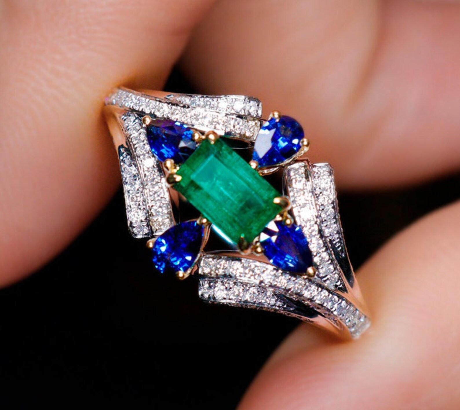 Art Deco Natural Emerald & Sapphire Ring 18K Solid Gold Ring - Etsy
