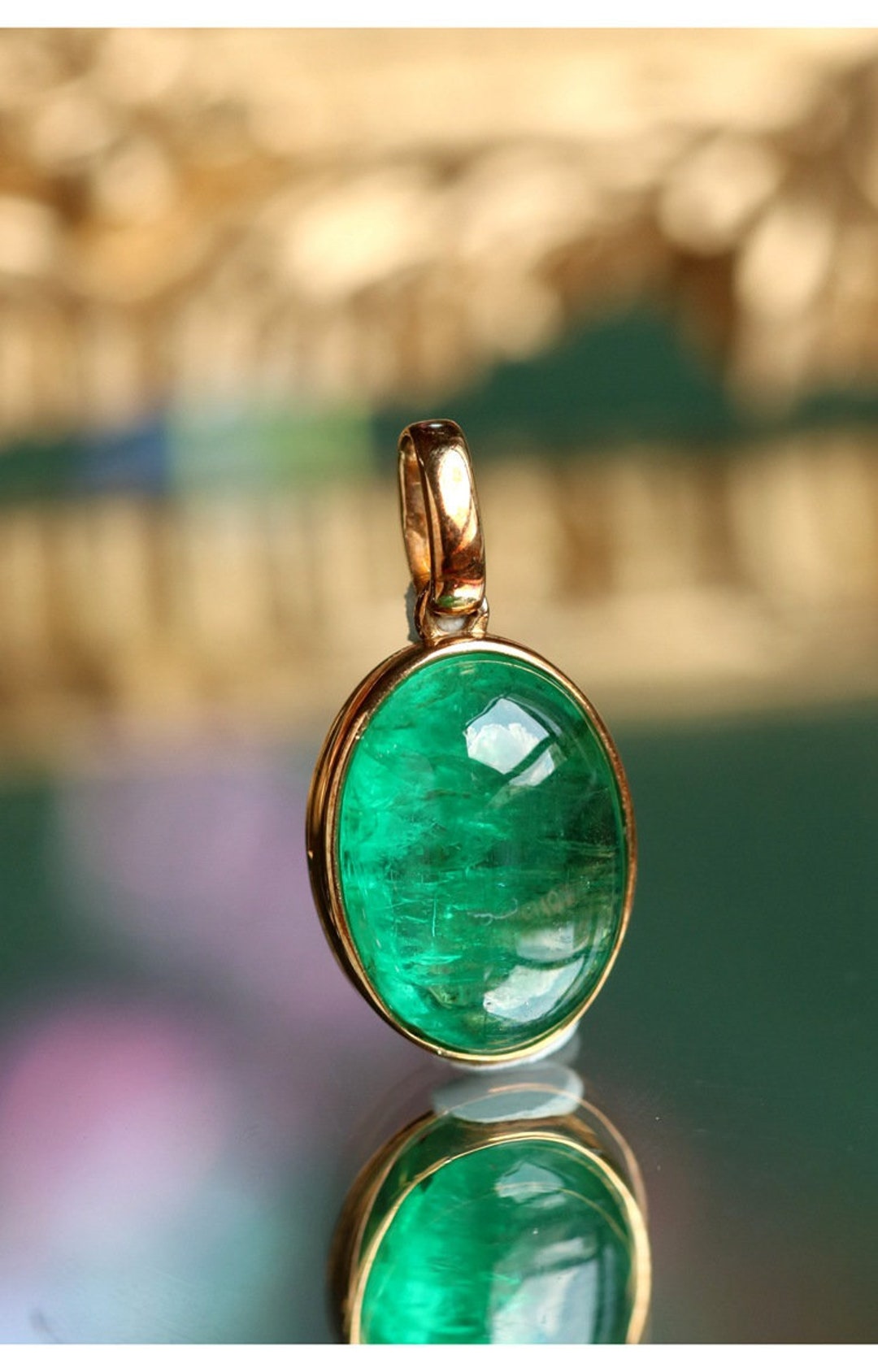 4.9ct Natural Emerald Oval Shape Cabochon Cut 18K Solid Yellow Gold ...
