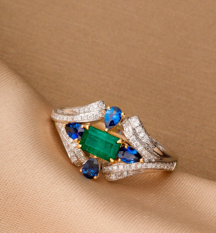 Art Deco Natural Emerald & Sapphire Ring 18K Solid Gold Ring - Etsy