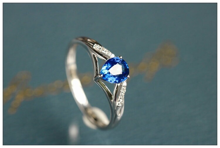 Natural Blue Sapphire Pear Cut White Diamond 18K Solid White - Etsy