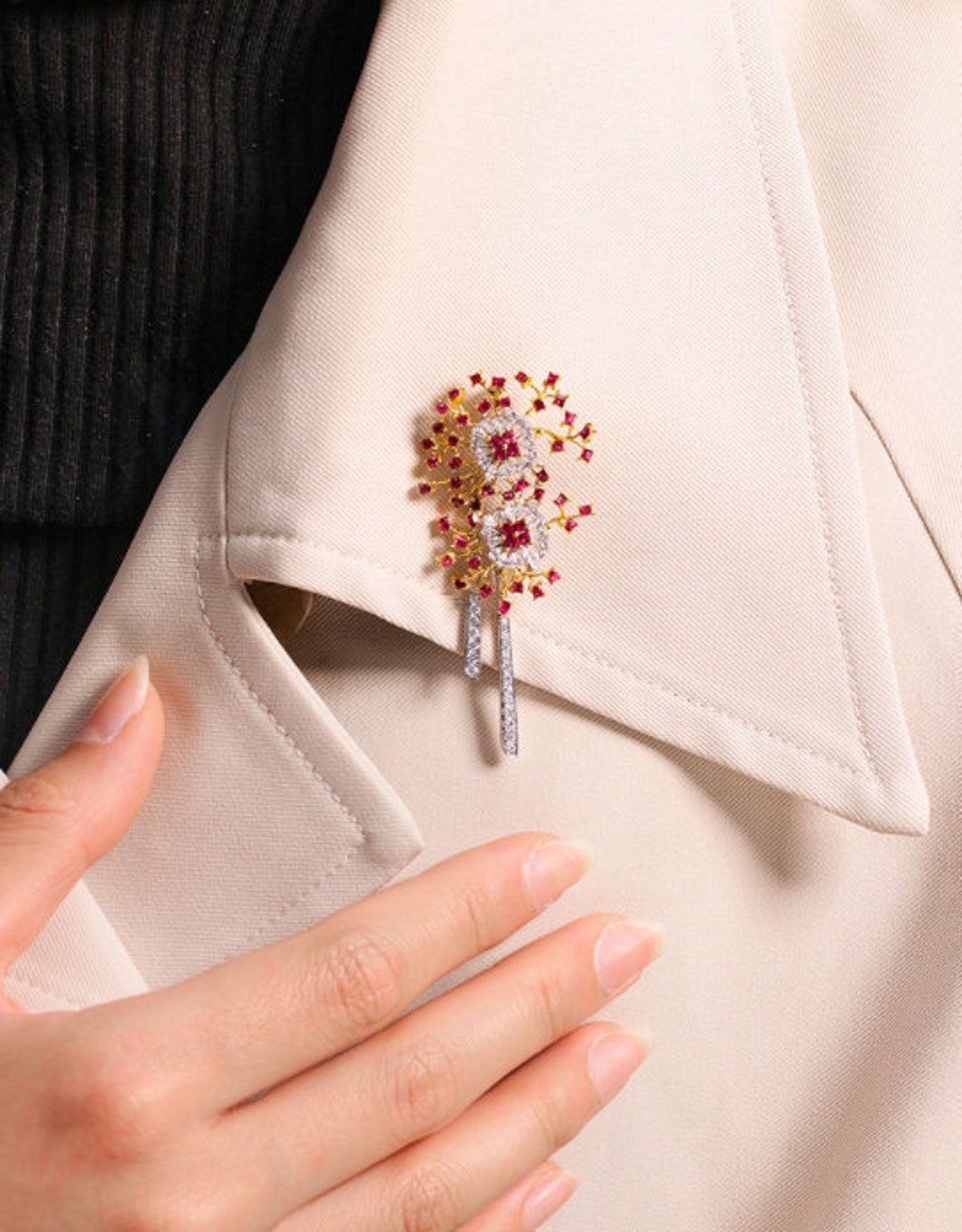 Natural Peach Spinel Square Cut & White Diamond Brooch, 18K Solid White ...