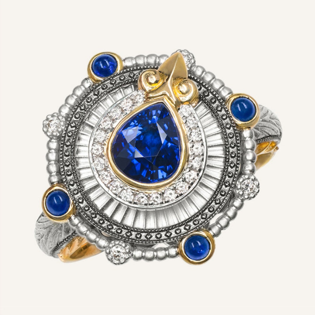 Sundial Blue Sapphire Ring 18K Solid Tow Tone Gold Ring Retro Hand ...