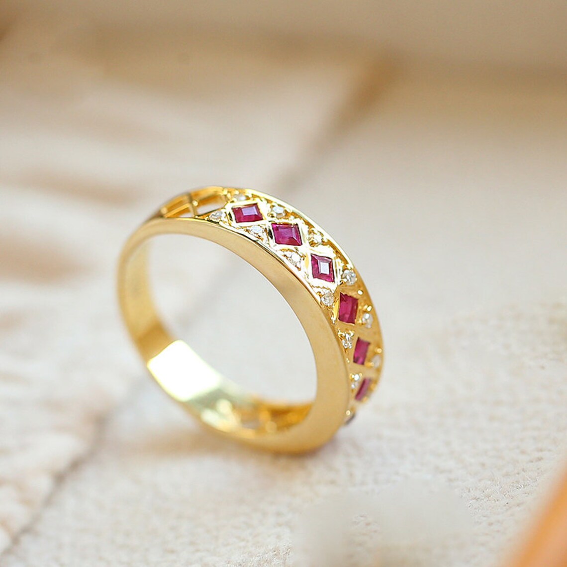 Seven Natural Ruby Square Cut 18K Solid Yellow Gold Handmade - Etsy