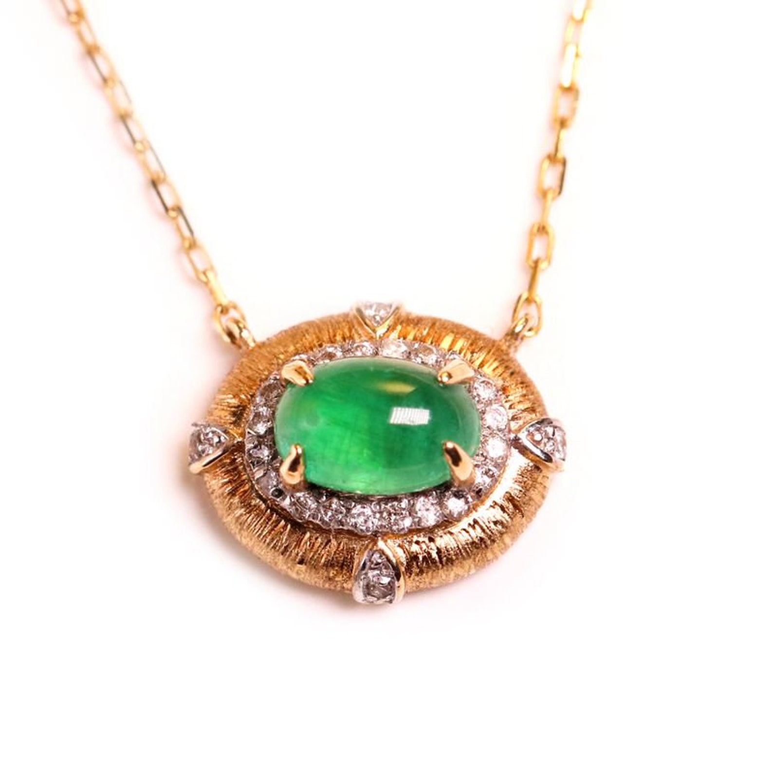 Natural Emerald Cabochon Cut With White Diamond 18K Solid | Etsy
