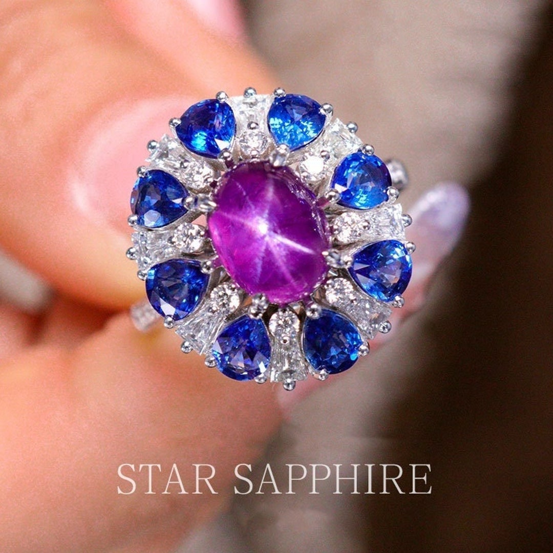 2.99ct Natural Purple Star Sapphire 18K Gold Ring, 18K Solid White Gold ...