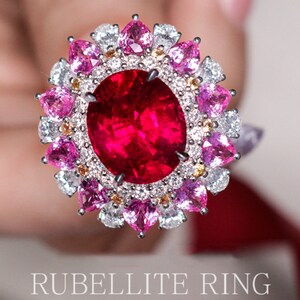 7.56ct Natural Rubellite Oval Cut & White Diamond 18K Ring, 18K Solid ...
