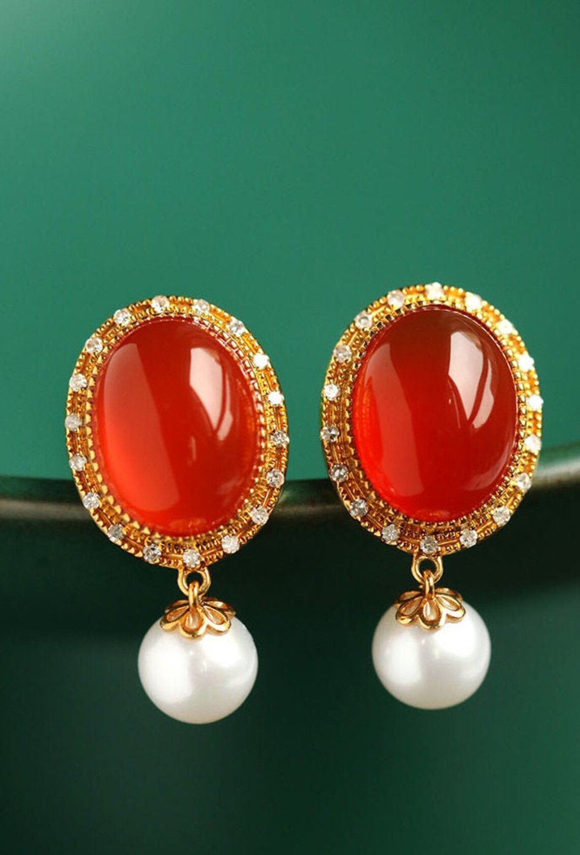 5A Natural Southern Red Agate & Pearl White Diamond 18K | Etsy