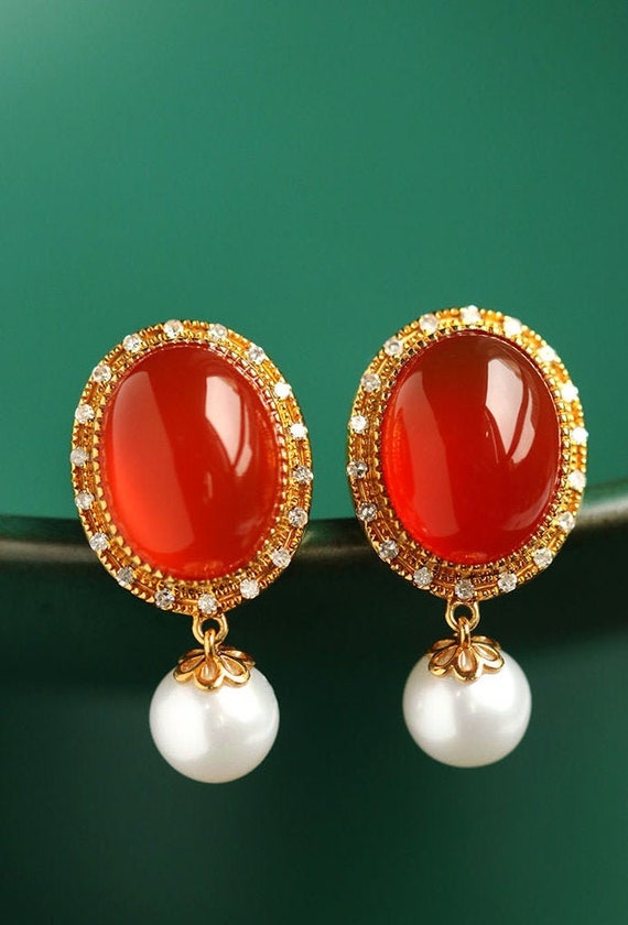 5A Natural Southern Red Agate & Pearl White Diamond 18K | Etsy