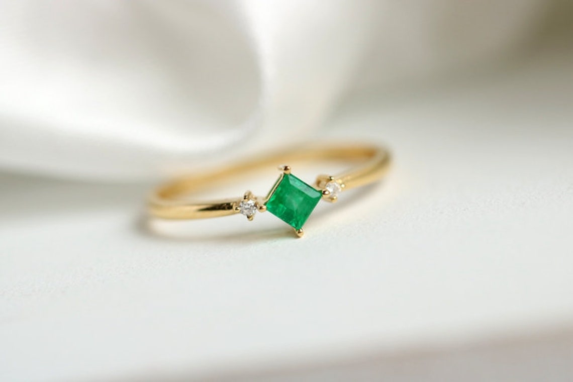 Natural Five Emerald Square Cut 18K Solid Yellow Gold Handmade | Etsy