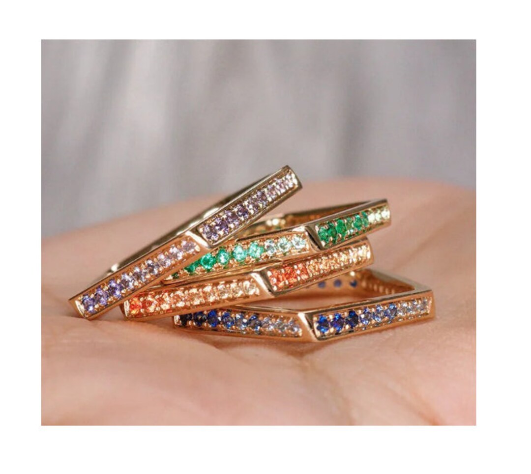 Pave Set Sapphire 18K Rectangle Ring, 18k Solid Yellow Gold Band Ring ...