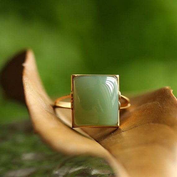 Natural Jade Square Shape 18K Solid Yellow Gold Handmade Jade | Etsy