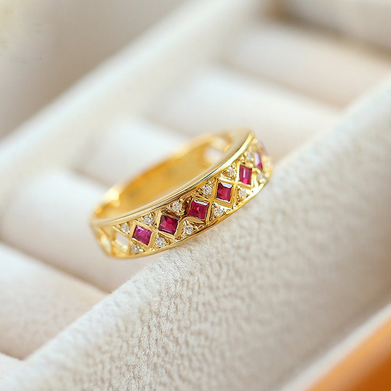 Seven Natural Ruby Square Cut 18K Solid Yellow Gold Handmade - Etsy