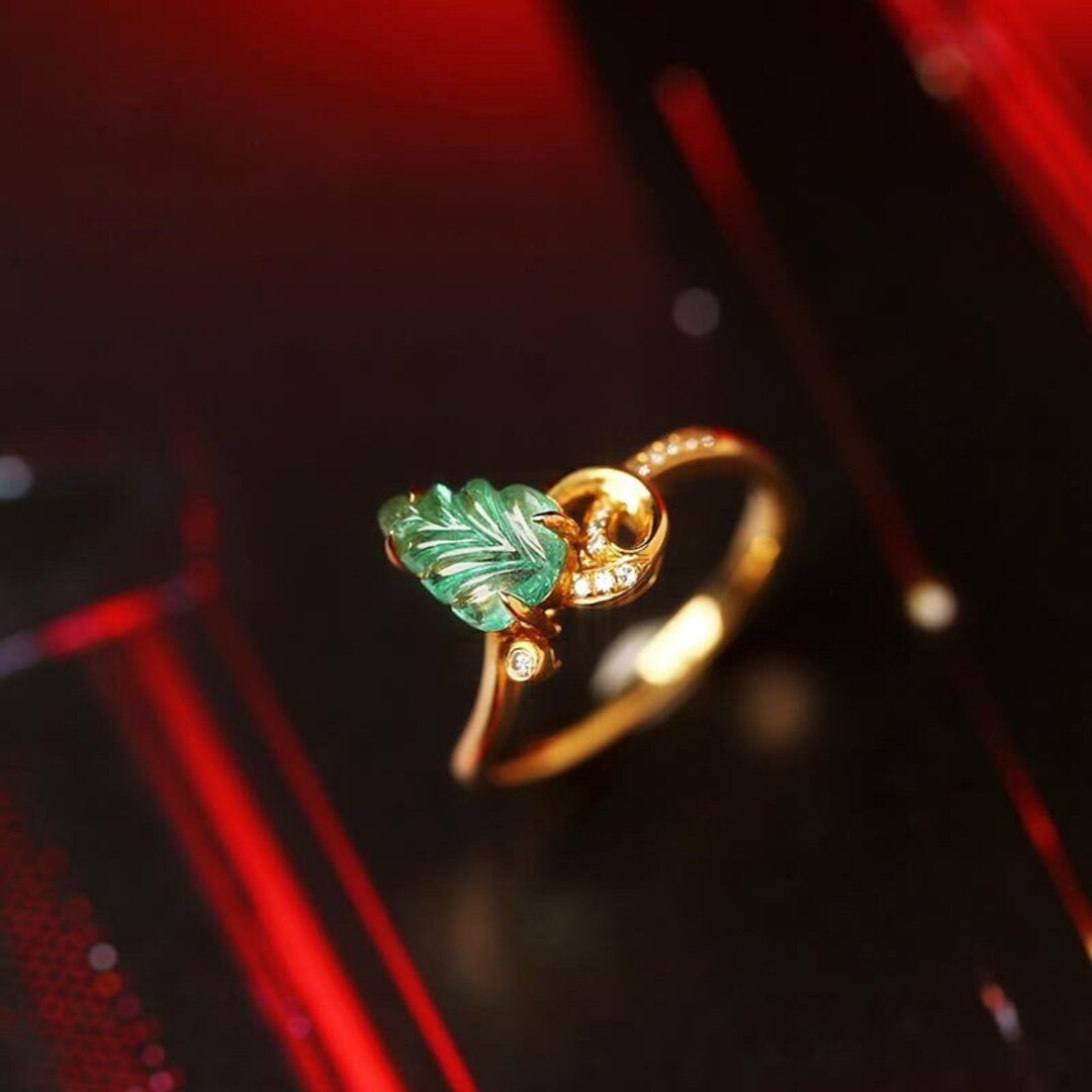 Leaf Natural Emerald Leaf Shape & White Diamond 18K Solid Yellow Gold ...