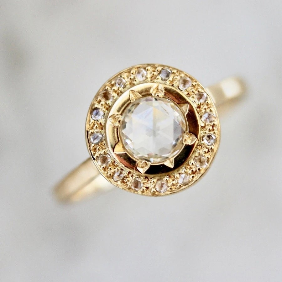 White Round Rose Cut Diamond 18K Solid Yellow Gold Handmade - Etsy