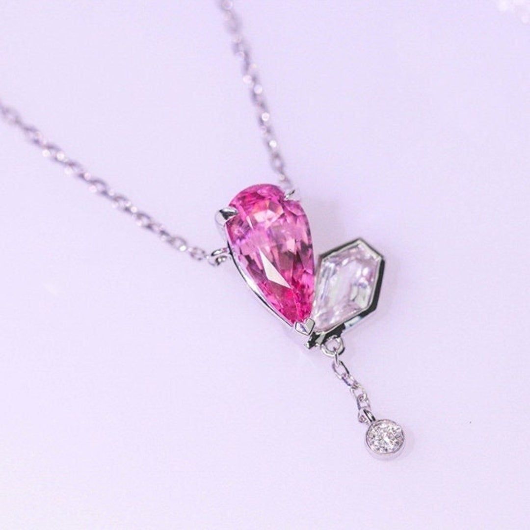 Natürliche Lila Rosa Spinell & Weißer Diamant Halskette 18K Weißgold ...