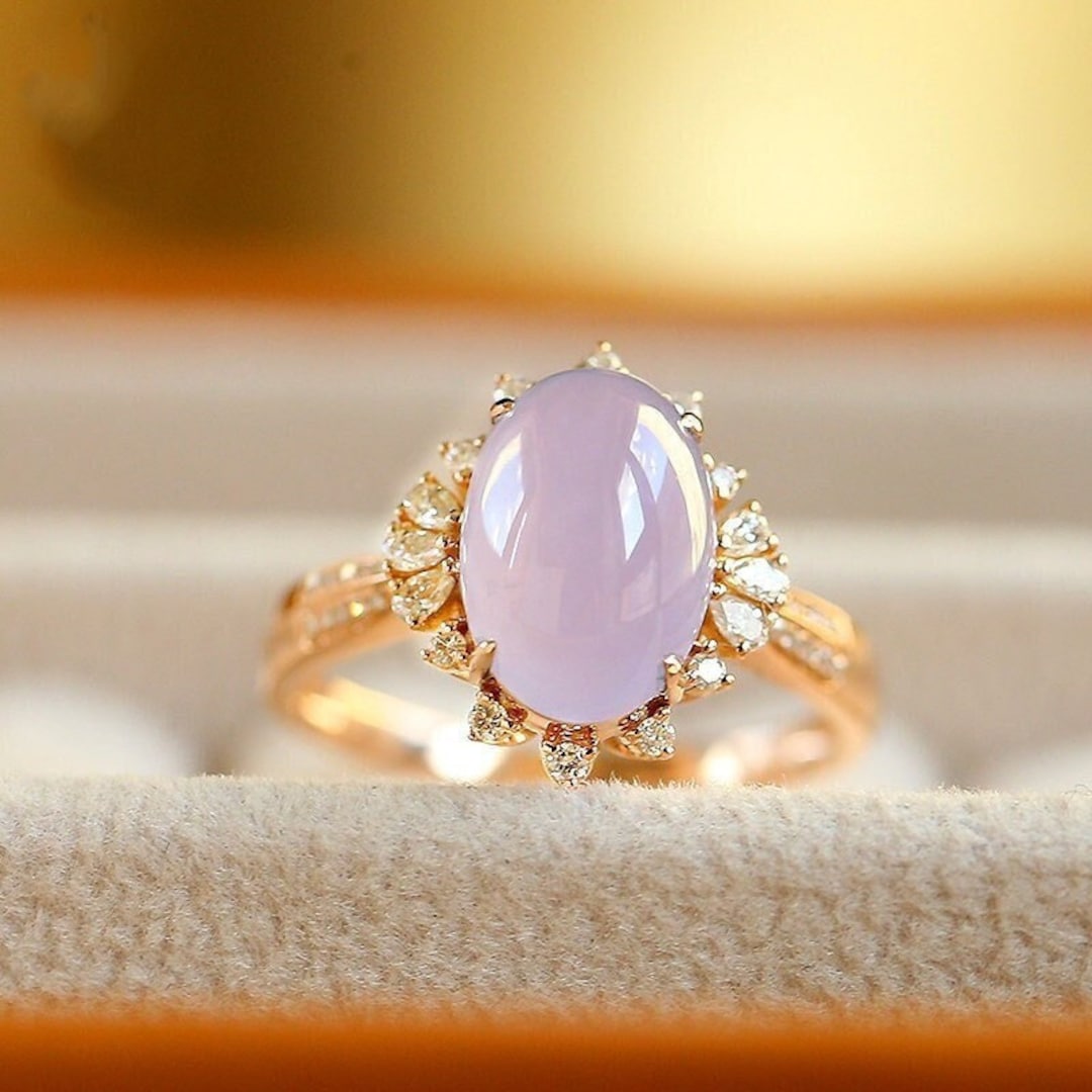 Natural Purple Jade Oval Cut & White Diamond 18K Solid Yellow Gold ...