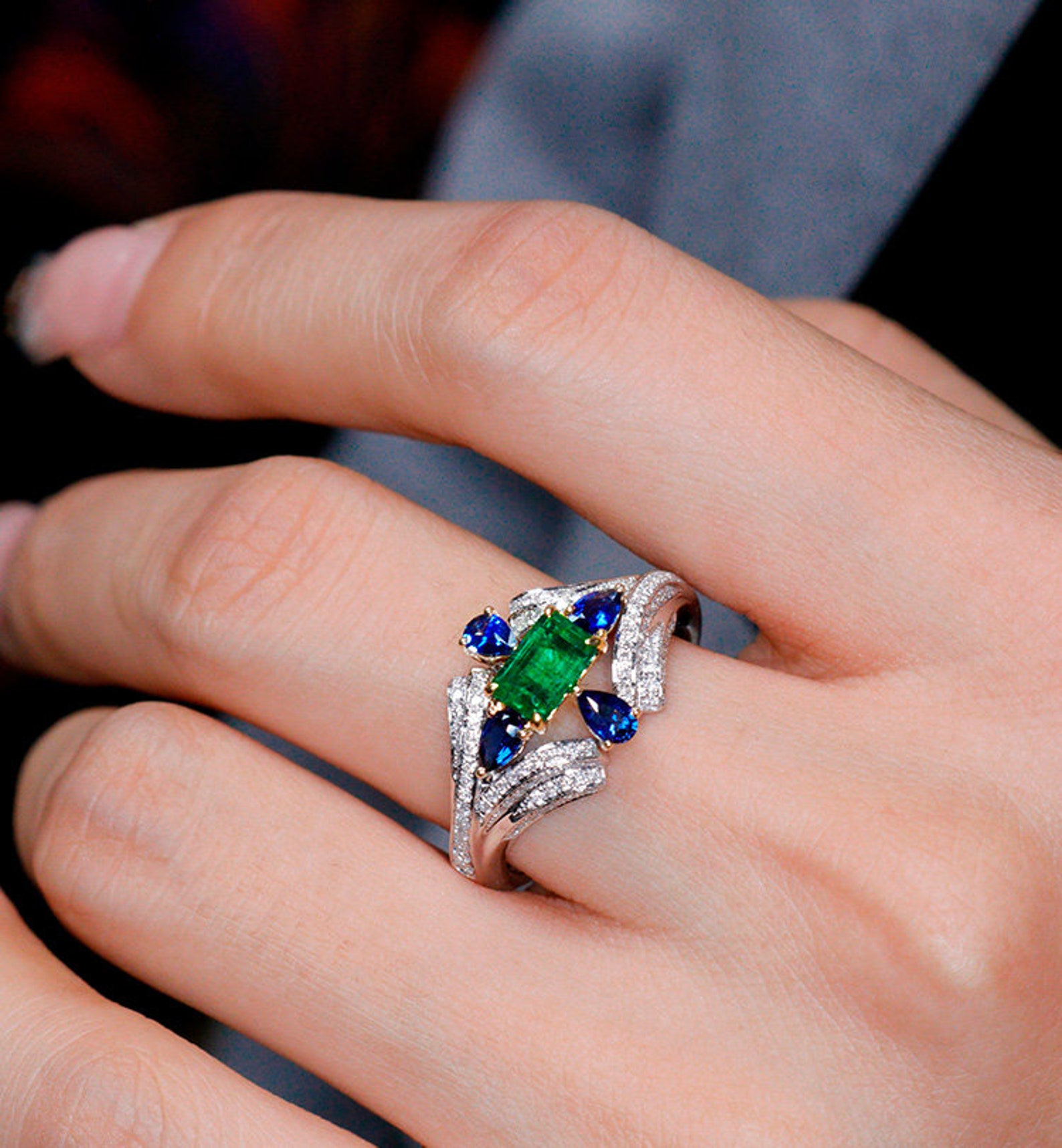 Art Deco Natural Emerald & Sapphire Ring 18K Solid Gold Ring - Etsy