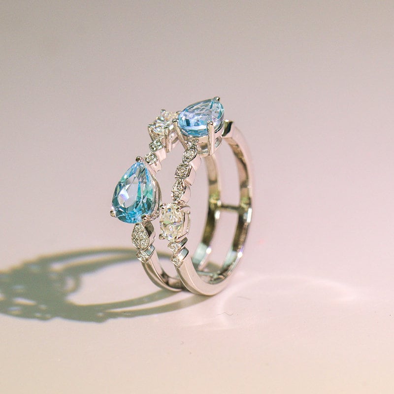 4ct Blue Topaz Teardrop Rose Cut & White Diamond 18K White | Etsy