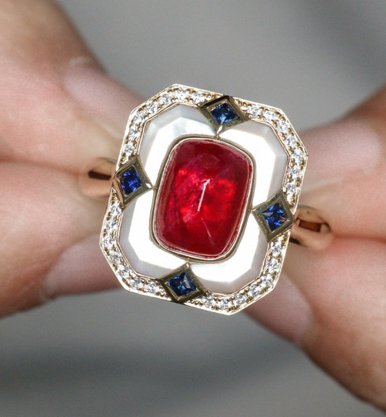 Victoria Sugar Loaf Ruby 18K Gold Ring Blue Sapphire & - Etsy