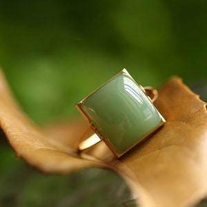 Natural Jade Square Shape 18K Solid Yellow Gold Handmade Jade Ring ...