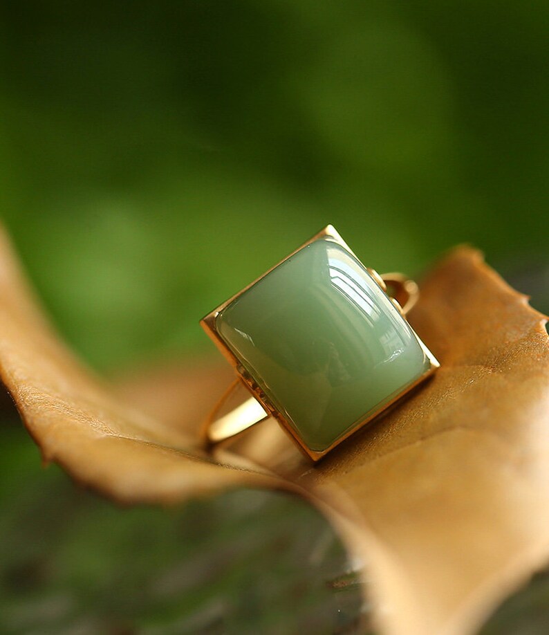Natural Jade Square Shape 18K Solid Yellow Gold Handmade Jade - Etsy