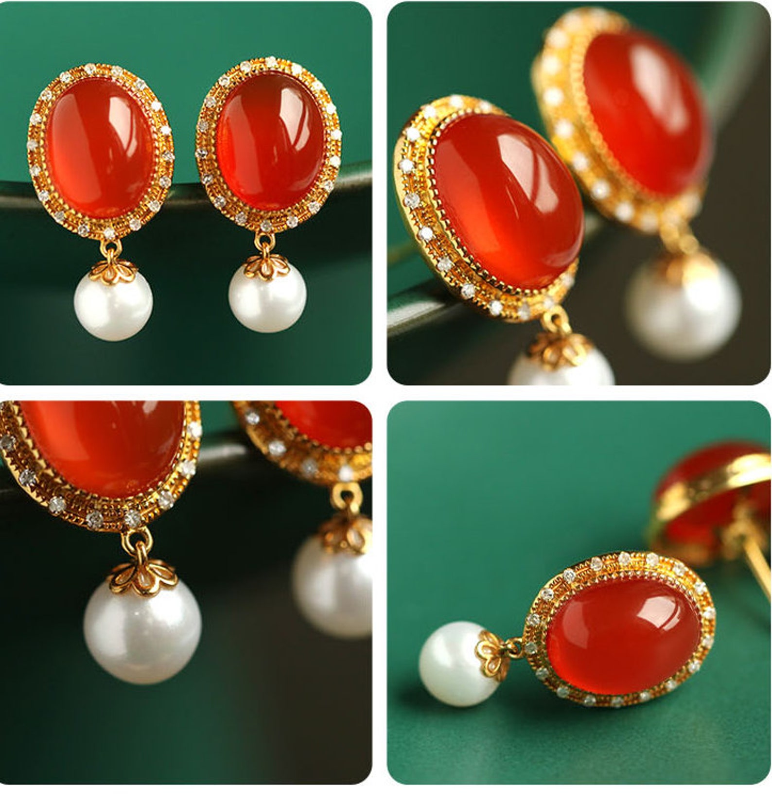 5A Natural Southern Red Agate & Pearl White Diamond 18K - Etsy