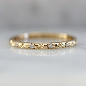 Star Diamond Band 18K Solid Yellow Gold Handmade Carved Ring ...