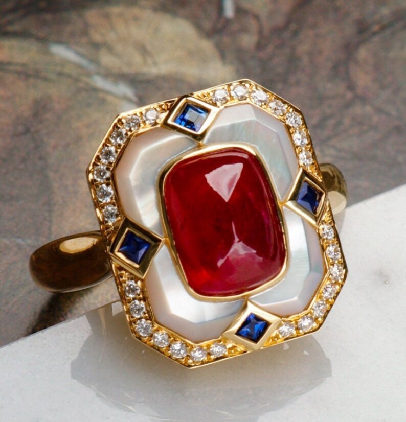 Victoria Sugar Loaf Ruby 18K Gold Ring Blue Sapphire & - Etsy