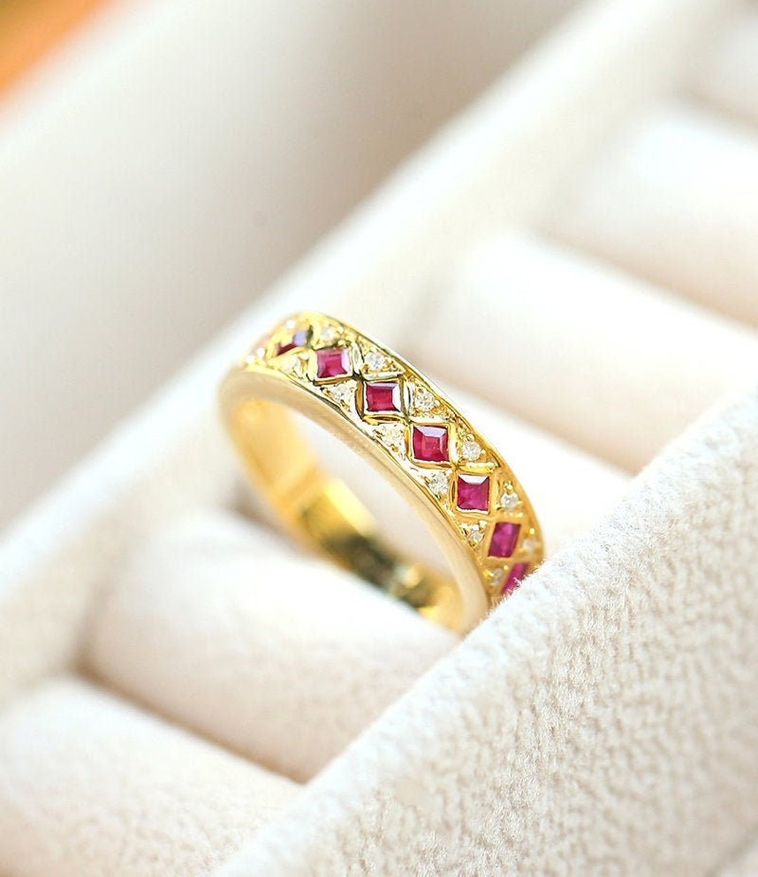 Seven Natural Ruby Square Cut 18K Solid Yellow Gold Handmade Ruby Ring ...