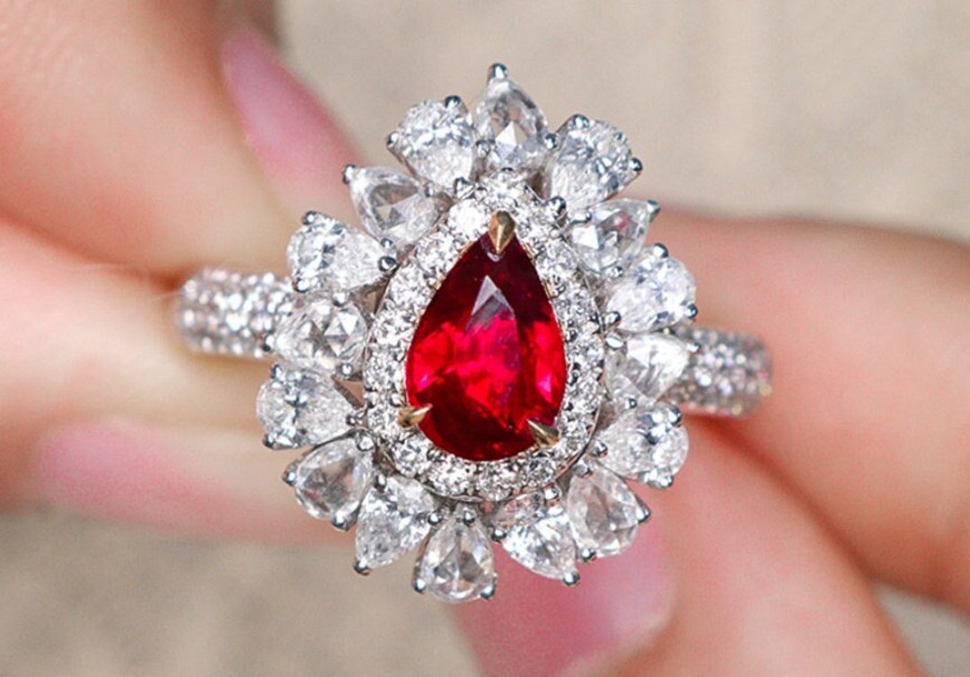 Cluster Pigeon Blood Ruby PT950 Ring With White Diamond Platinum 950 ...