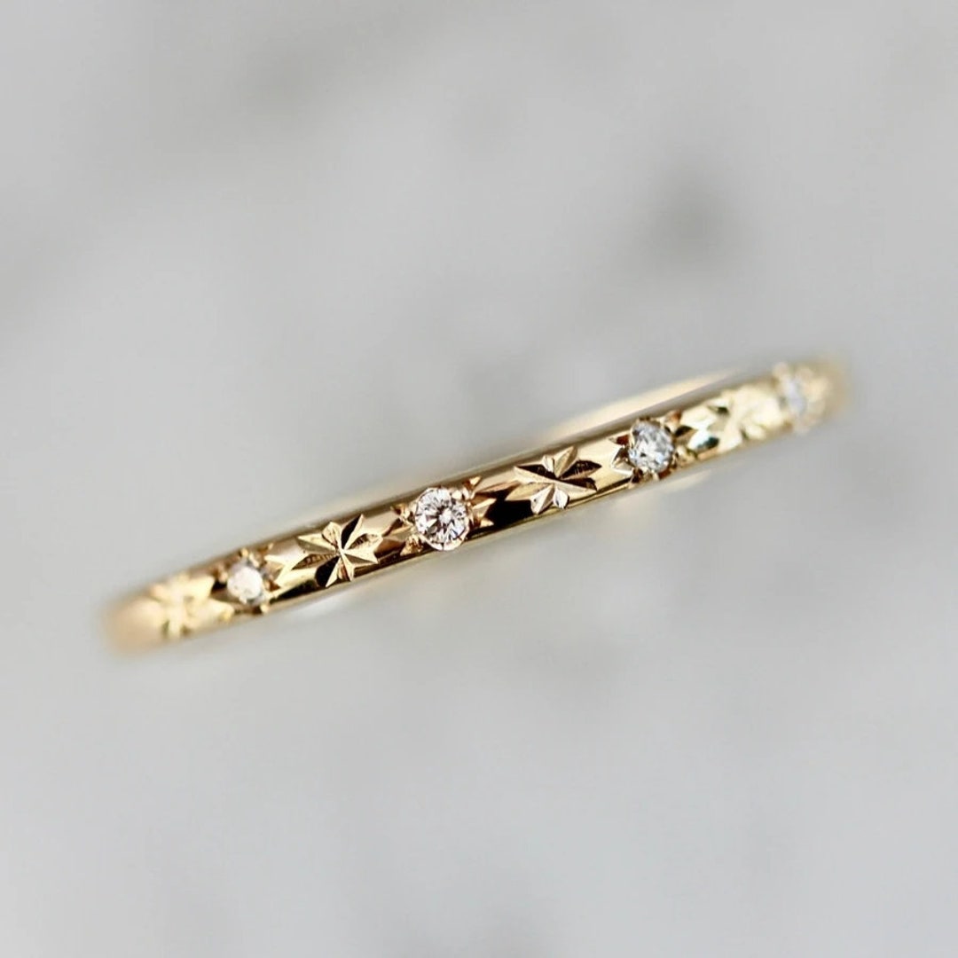 Starlight Diamond Band 14K Solid Rose Gold Handmade Carved Ring Rose ...