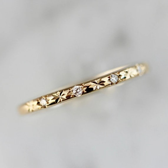 Starlight Diamond Band 14K Solid Rose Gold Handmade Carved - Etsy