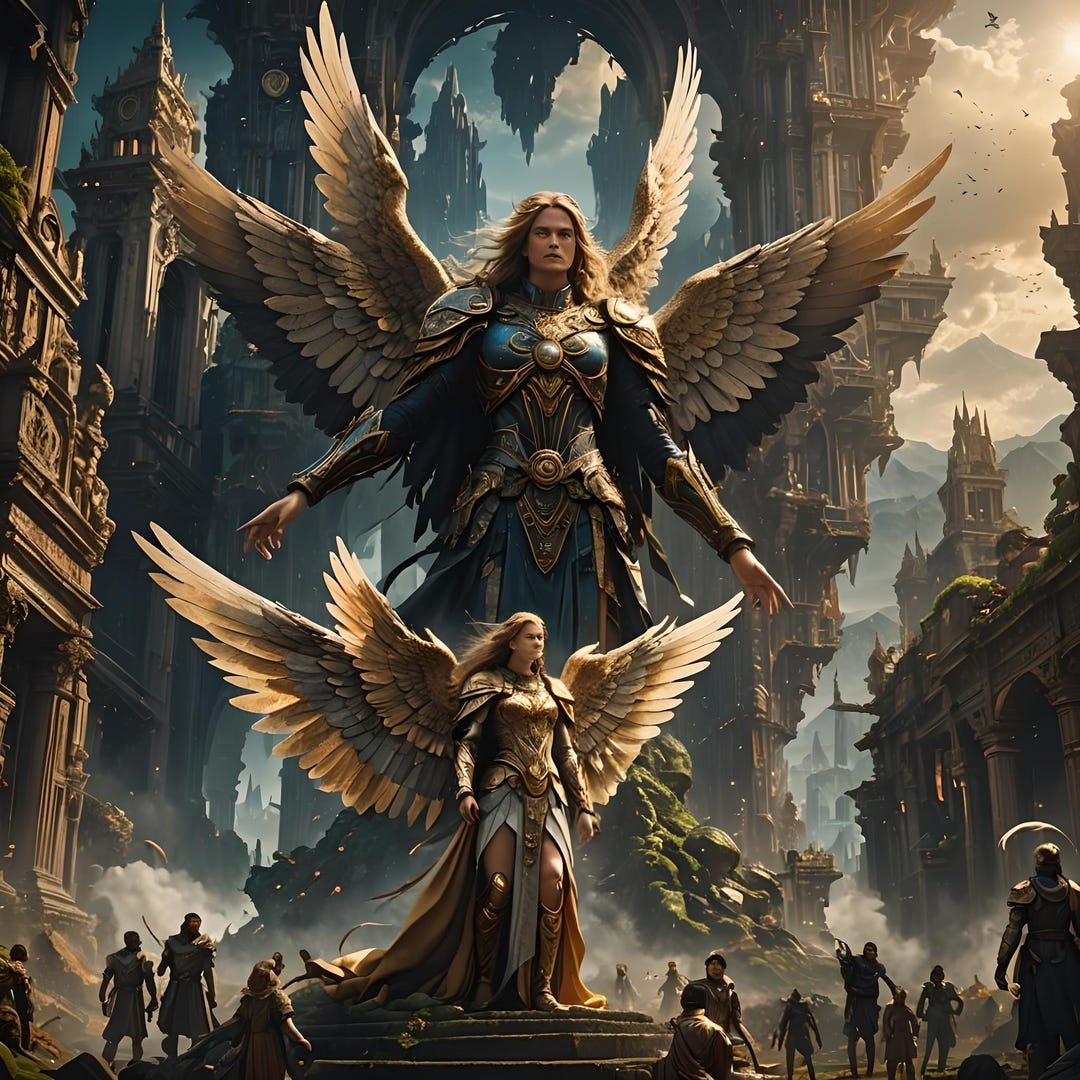 Michael the Archangel Leading Angels Over a City, Sweeping Angelic Host ...