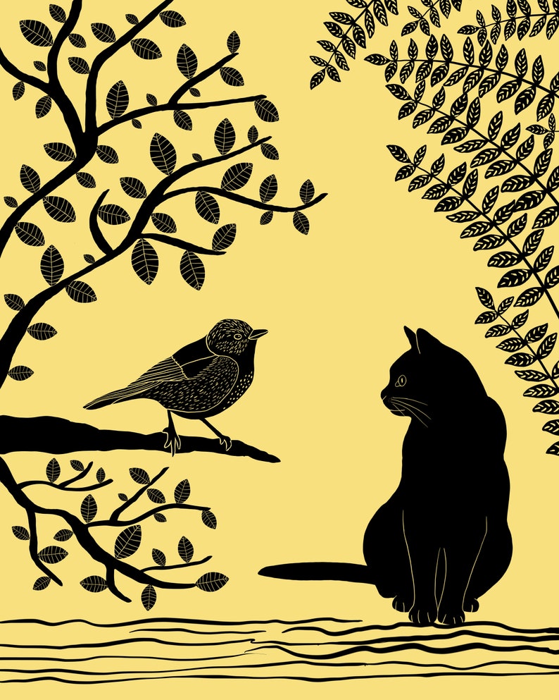 Printable Illustration of Cat and Bird Art Print Printable Wood Block ...