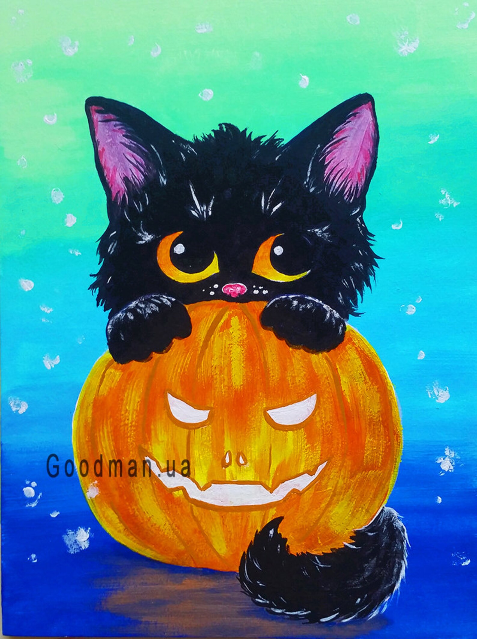 Halloween Painting Black cat and Pumpkin Original Acrylic Art | Etsy