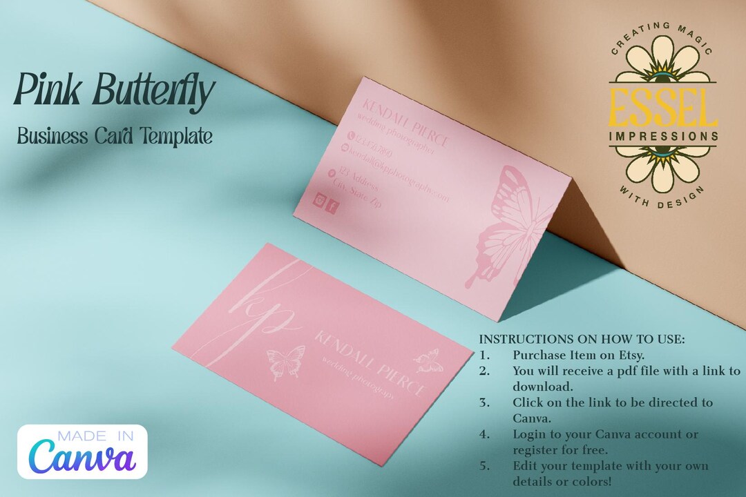 Pink Butterfly Business Card Template, Editable Canva Template - Etsy