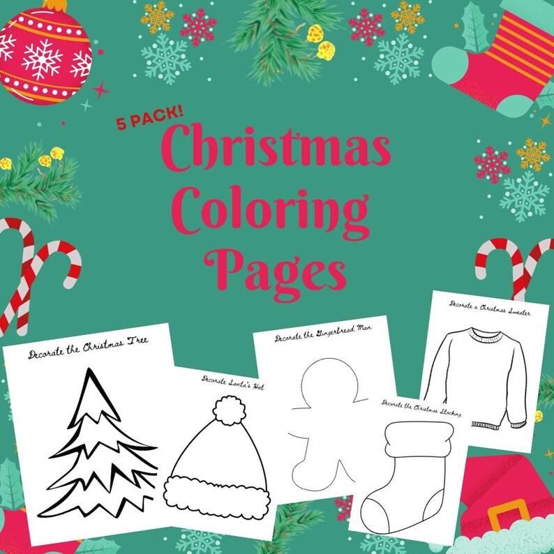 Christmas Coloring Pages 5 Pack Printable PDF Christmas Worksheet for ...