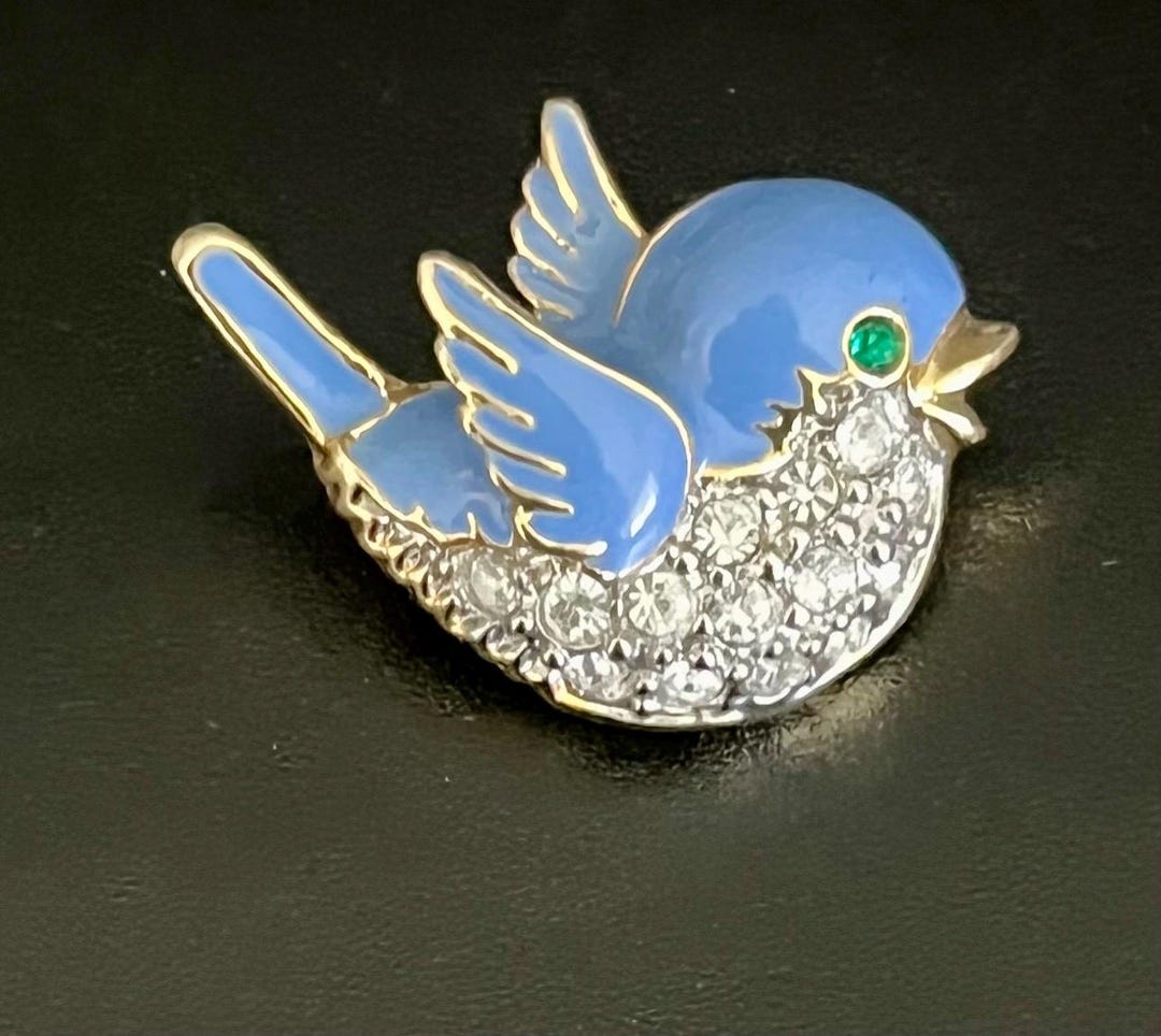 Vintage Little Enamal Blue Bird Pin Brooch With Rhinestones and ...