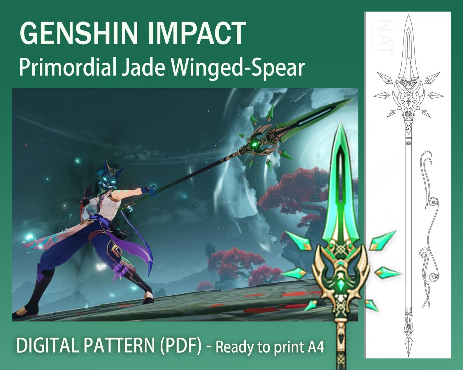 Genshin Impact Cosplay Prop Primordial Jade Winged Spear | Etsy
