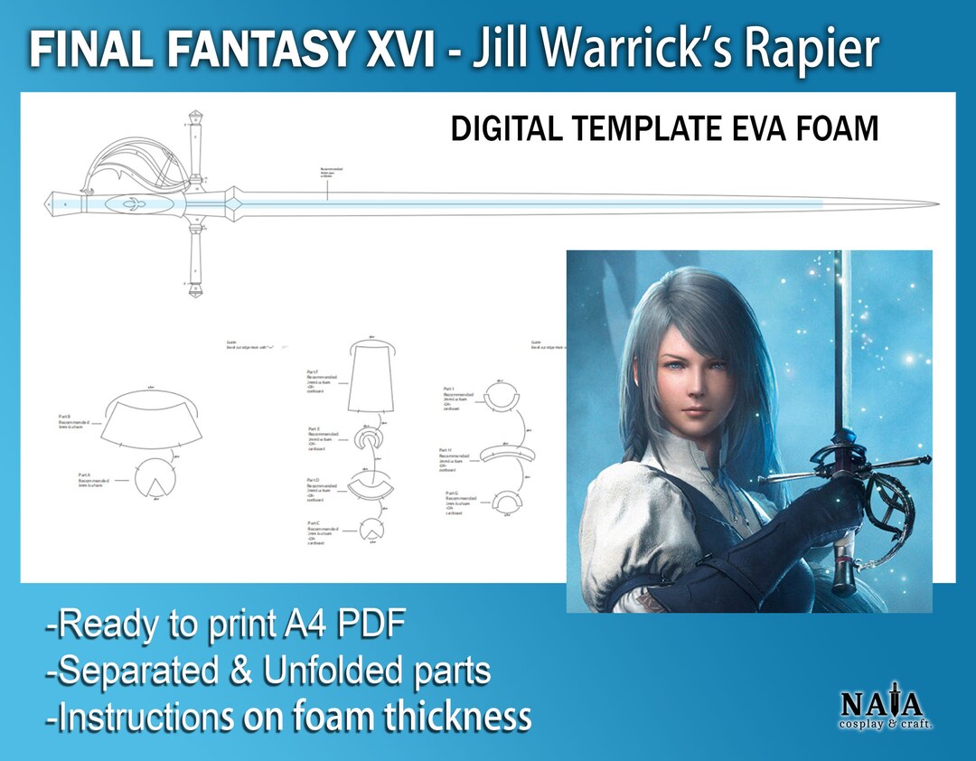 Final Fantasy XVI 16 Jill Warrick's Rapier Cosplay Prop Digital DIY Template Pattern Blueprint ...