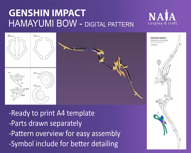 Genshin Impact Cosplay Prop - Hamayumi Bow, DIY Template Pattern ...