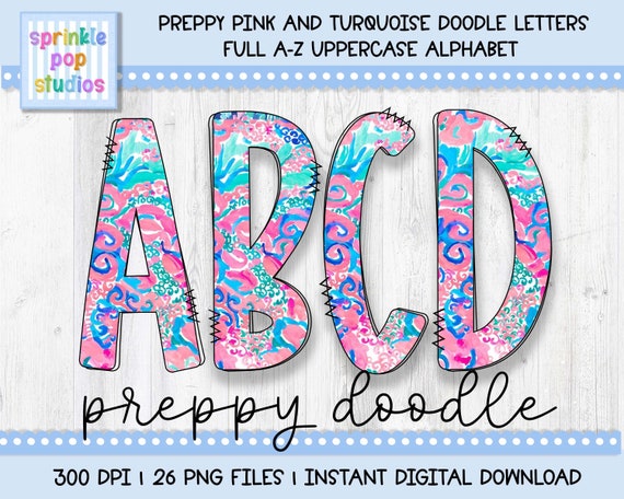 Doodle Alphabet Preppy Pink and Turquoise Doodle Letters | Etsy