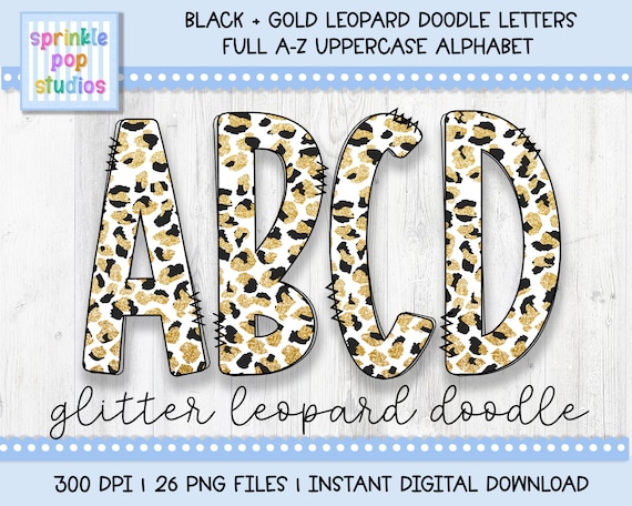 Doodle Alphabet Black and Gold Glitter Leopard Doodle - Etsy
