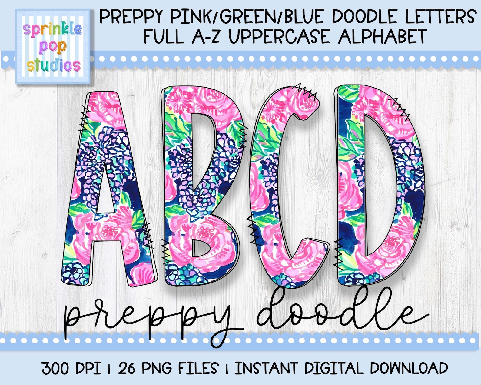 Doodle Alphabet Preppy Pink, Green, and Blue Doodle Letters Alphabet ...