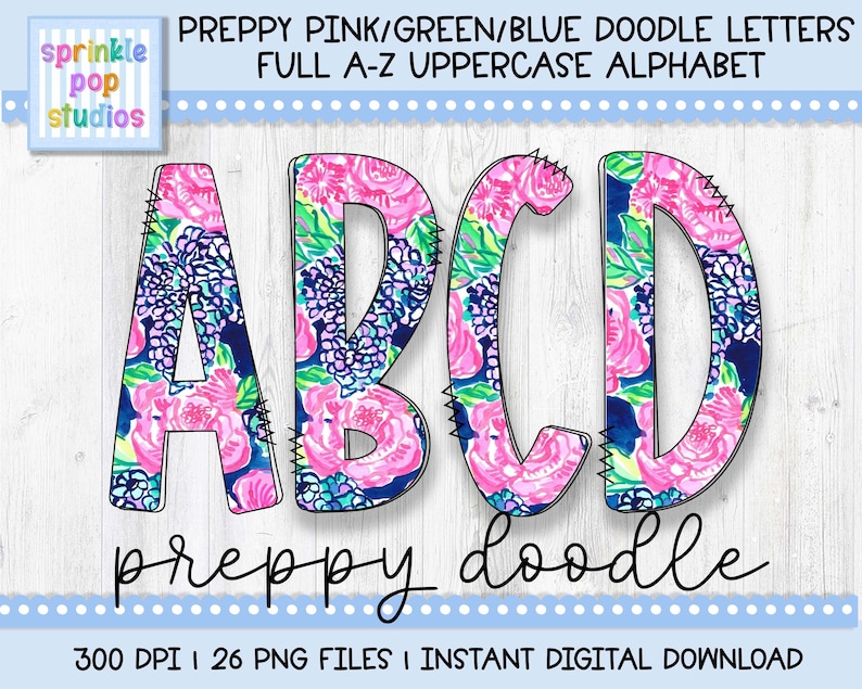 Doodle Alphabet Preppy Pink, Green, and Blue Doodle Letters Alphabet ...