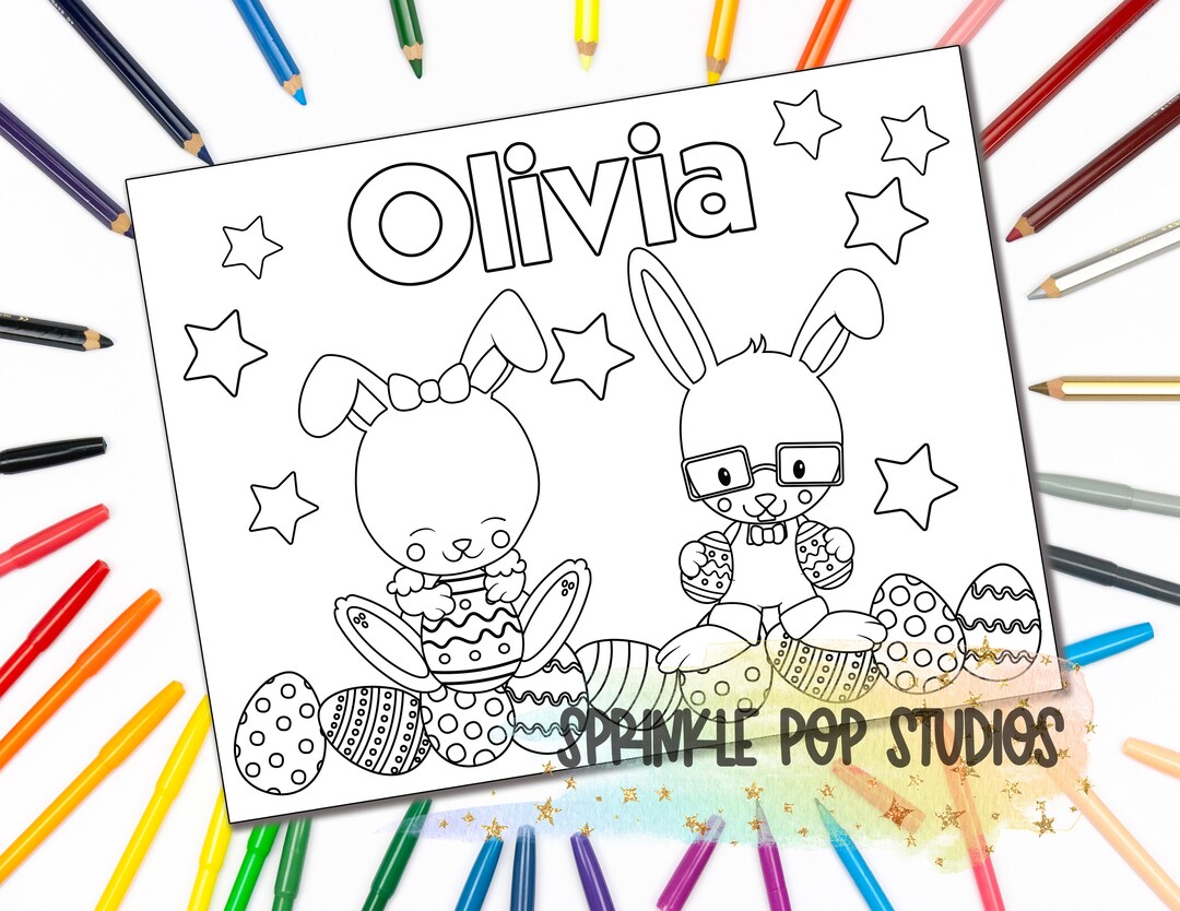Personalized Coloring Page ~ Bunnies and Easter Eggs ~ Custom Coloring ...
