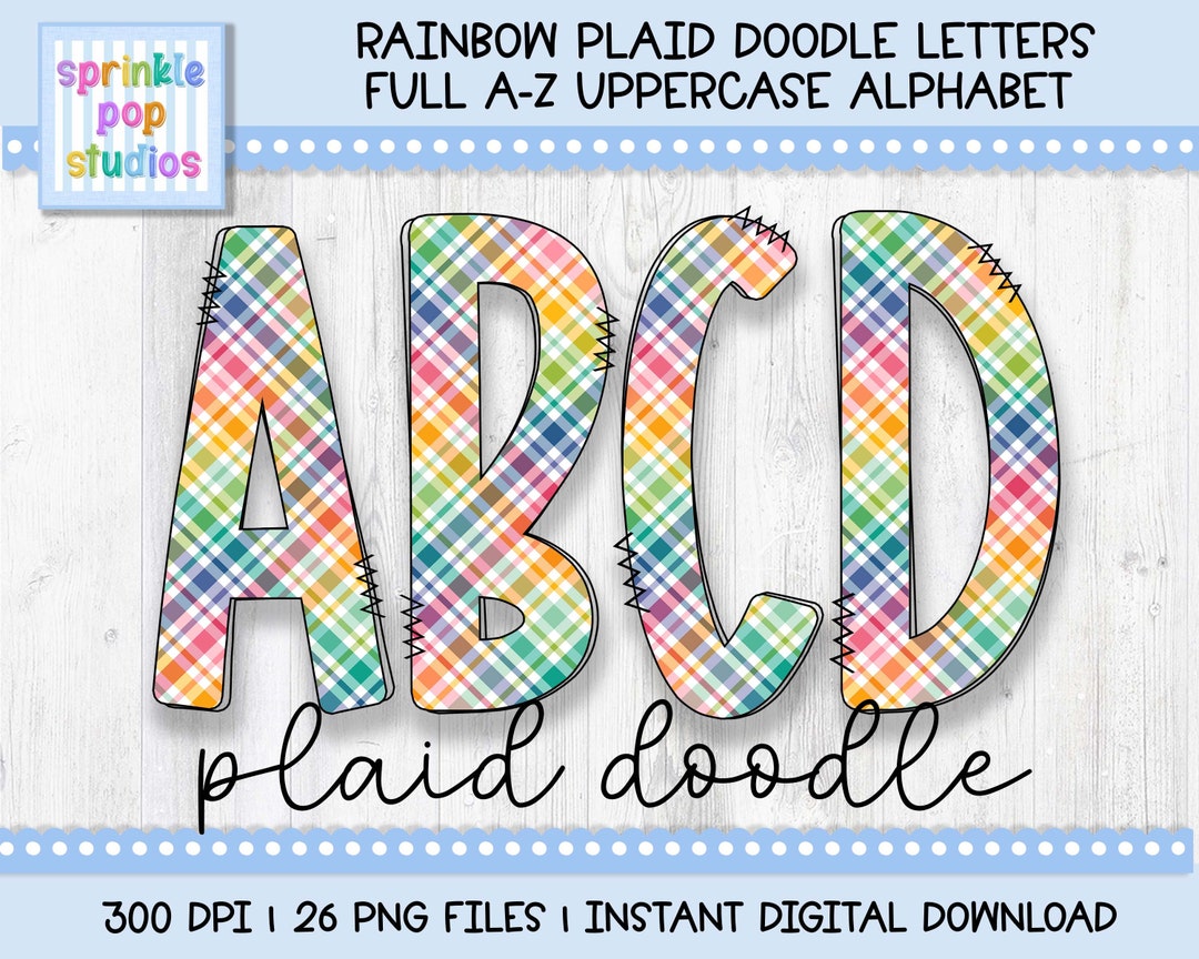Doodle Alphabet | Plaid Rainbow Doodle Letters | Alphabet Font Clipart ...