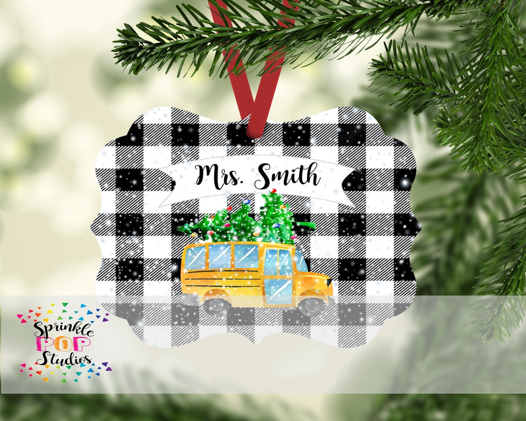 Buffalo Plaid BW Ornament Design School Bus With Christmas Tree ...