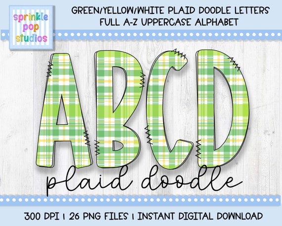Doodle Alphabet Green/yellow/white Plaid Doodle Letters | Etsy