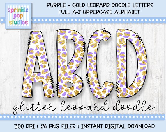 Doodle Alphabet Purple and Gold Glitter Leopard Doodle | Etsy